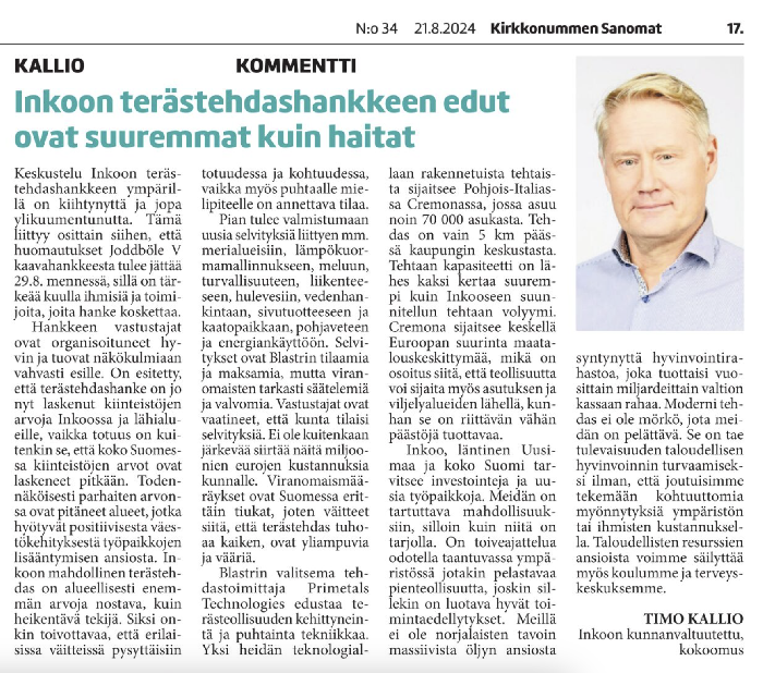 Timo Kallion kommentti Kirkkonummen Sanomissa 21.8.2024 :: InkoonKokoomus
